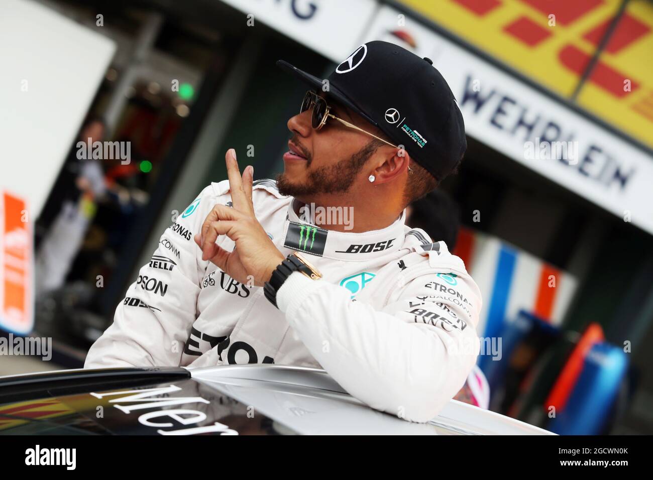 Lewis Hamilton (GBR) Mercedes AMG F1 celebrates his pole position ...