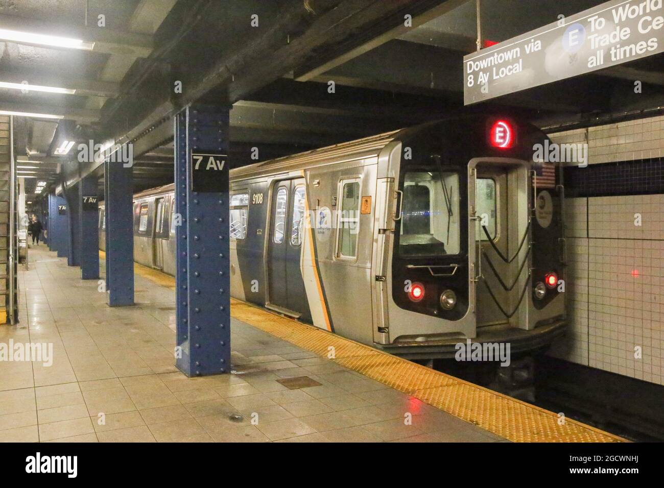 USA, New York, The E subway train iat the 7th Avenue Subway Station in ...
