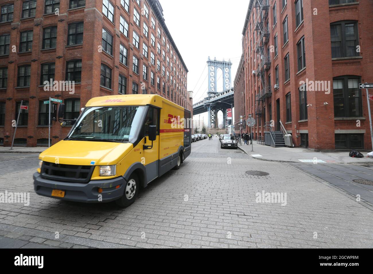 New York, USA DHL delivery truck in Dumbo Brooklyn with Manhattan ...