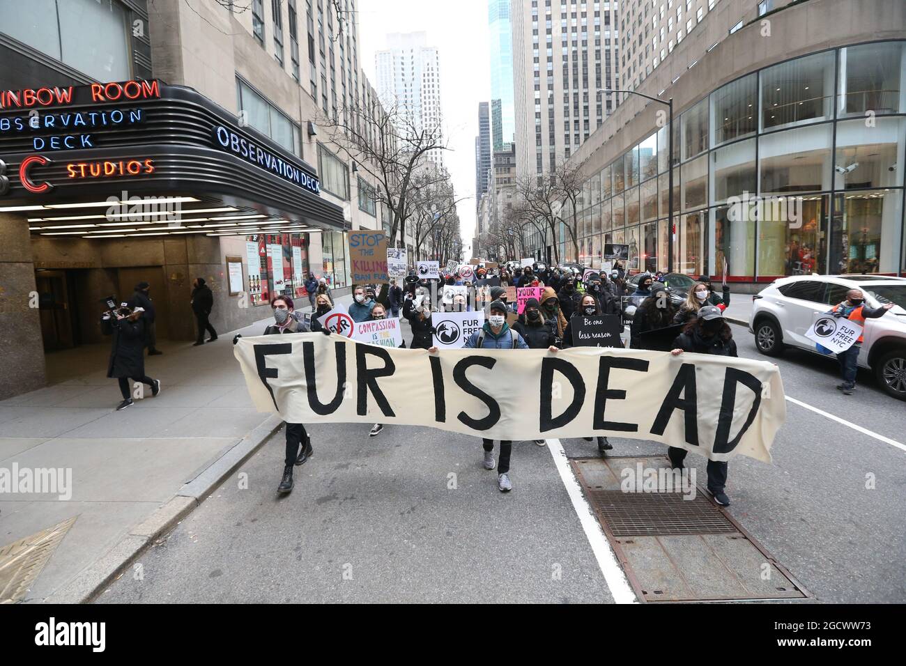New York USA AN anti -fur protest on 1/17/21 moving past Rockefeller ...