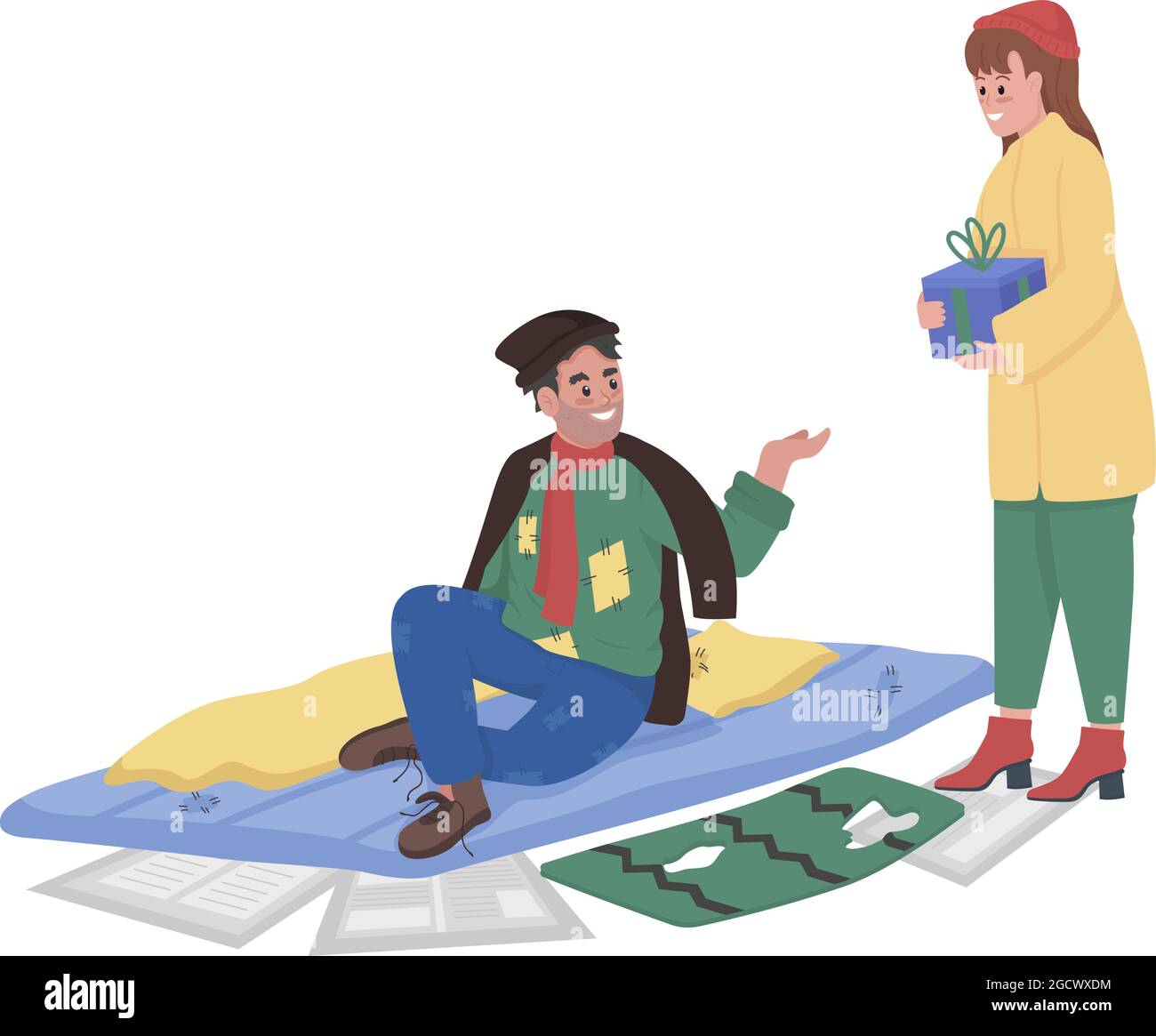 Girl giving gift to homeless person semi flat color vector characters ...