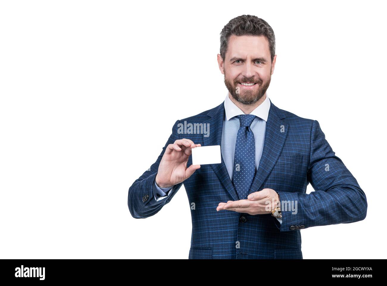 look over there. happy handsome boss man presenting product, copy space ...