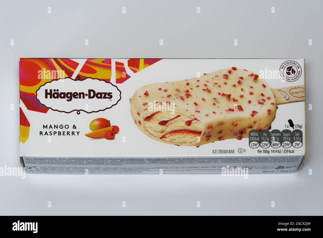 Haagen-Dazs mango & raspberry ice cream top view.Famous brand frozen ...