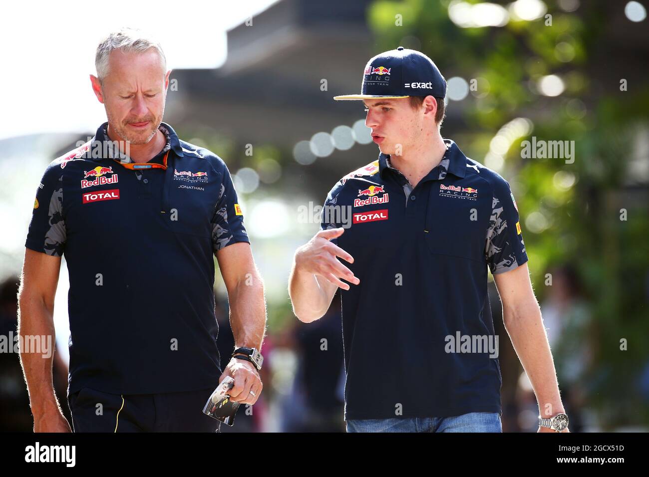 (L to R): Jonathan Wheatley (GBR) Red Bull Racing Team Manager with Max ...