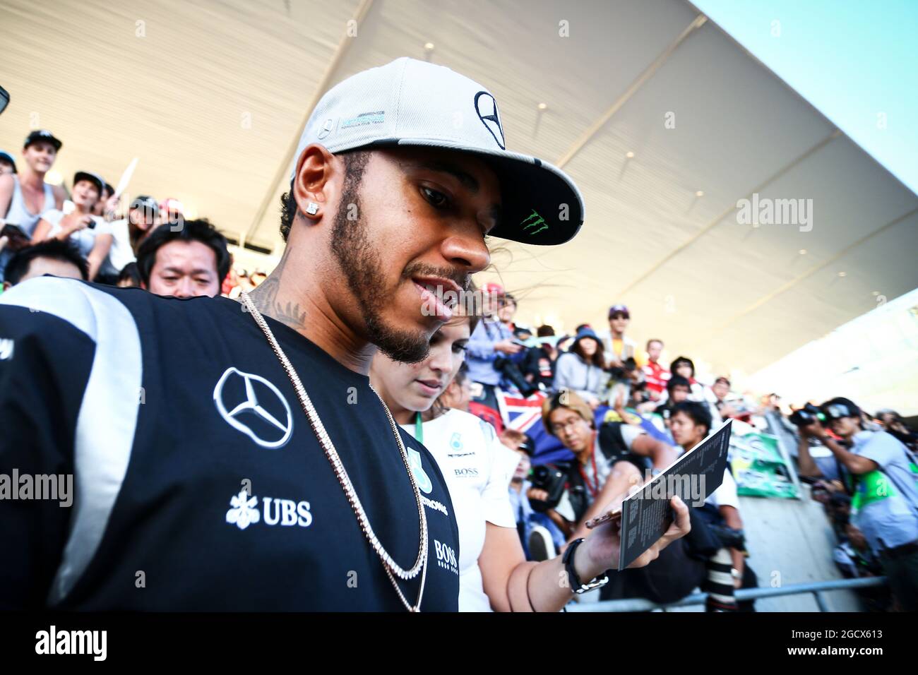 Mercedes amg f1 signs autographs for fans in grandstand hi-res stock ...