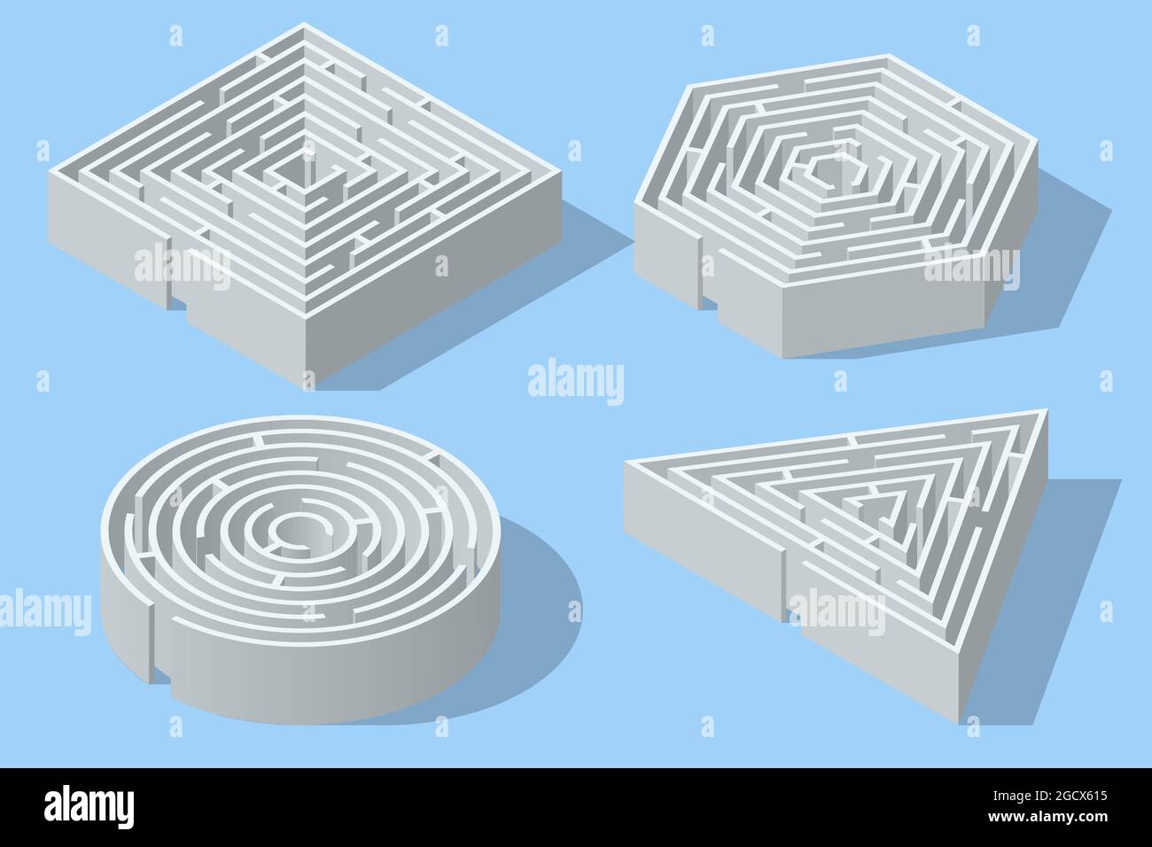 Isometric set of mazes in the form of a square, circle, hexagon and ...