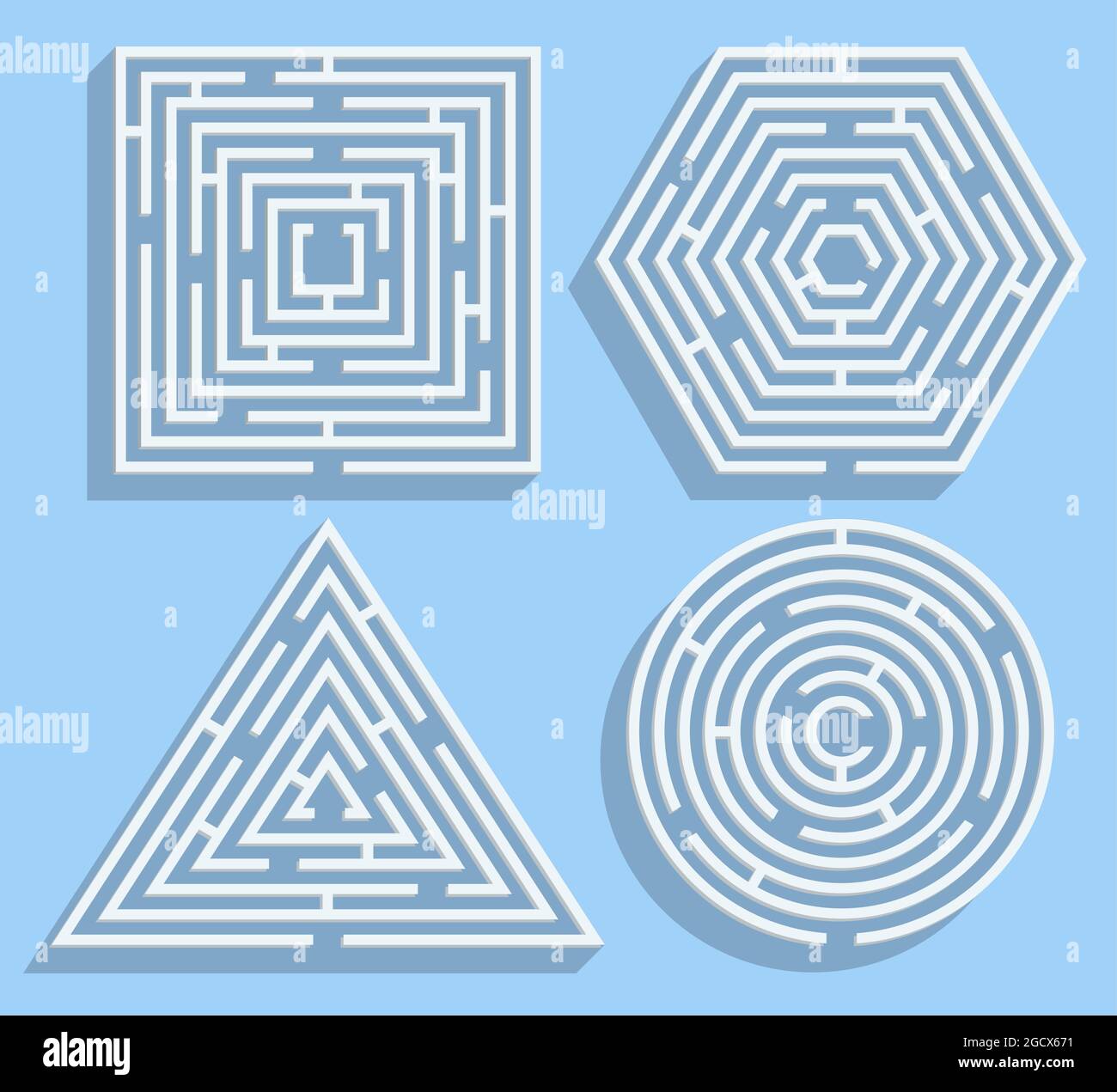 Set of mazes in the form of a square, circle, hexagon and triangle ...