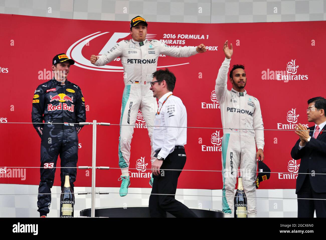 The podium (L to R): Max Verstappen (NLD) Red Bull Racing, second; Nico ...