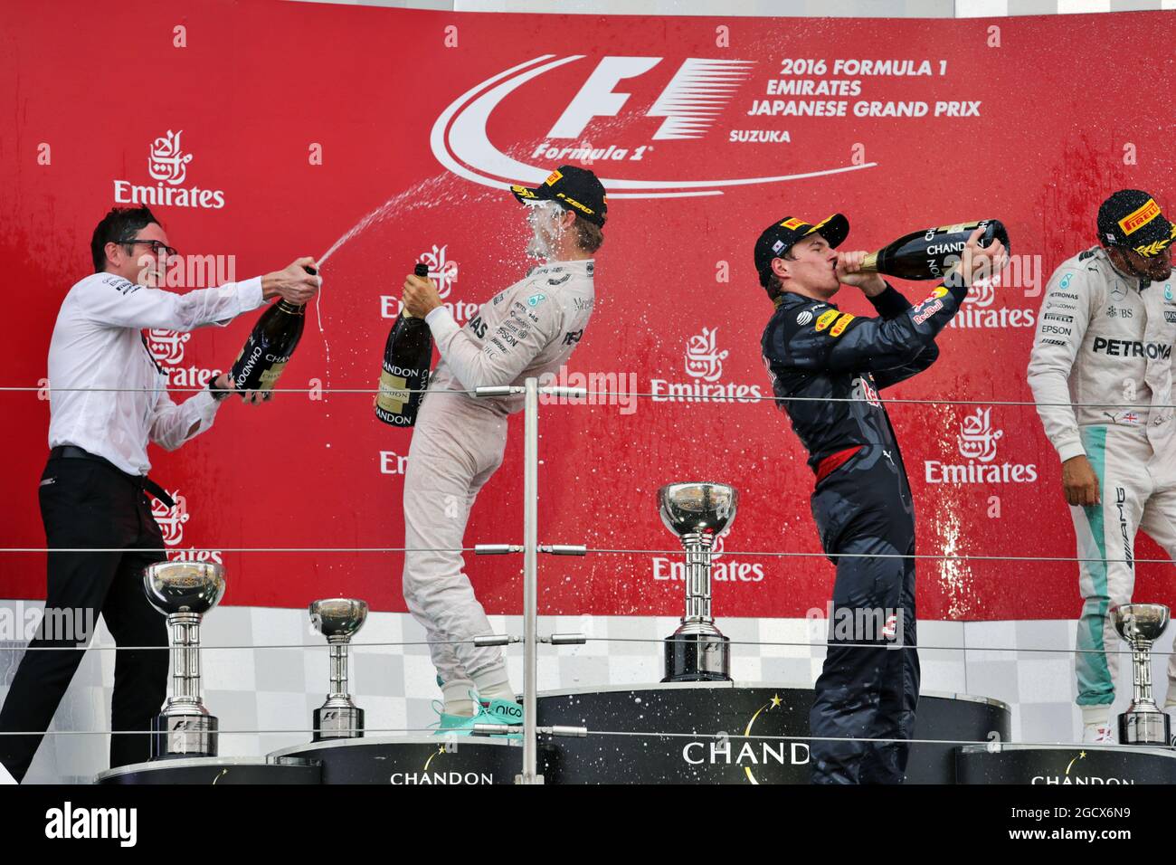 The podium (L to R): Andrew Shovlin (GBR) Mercedes AMG F1 Engineer ...