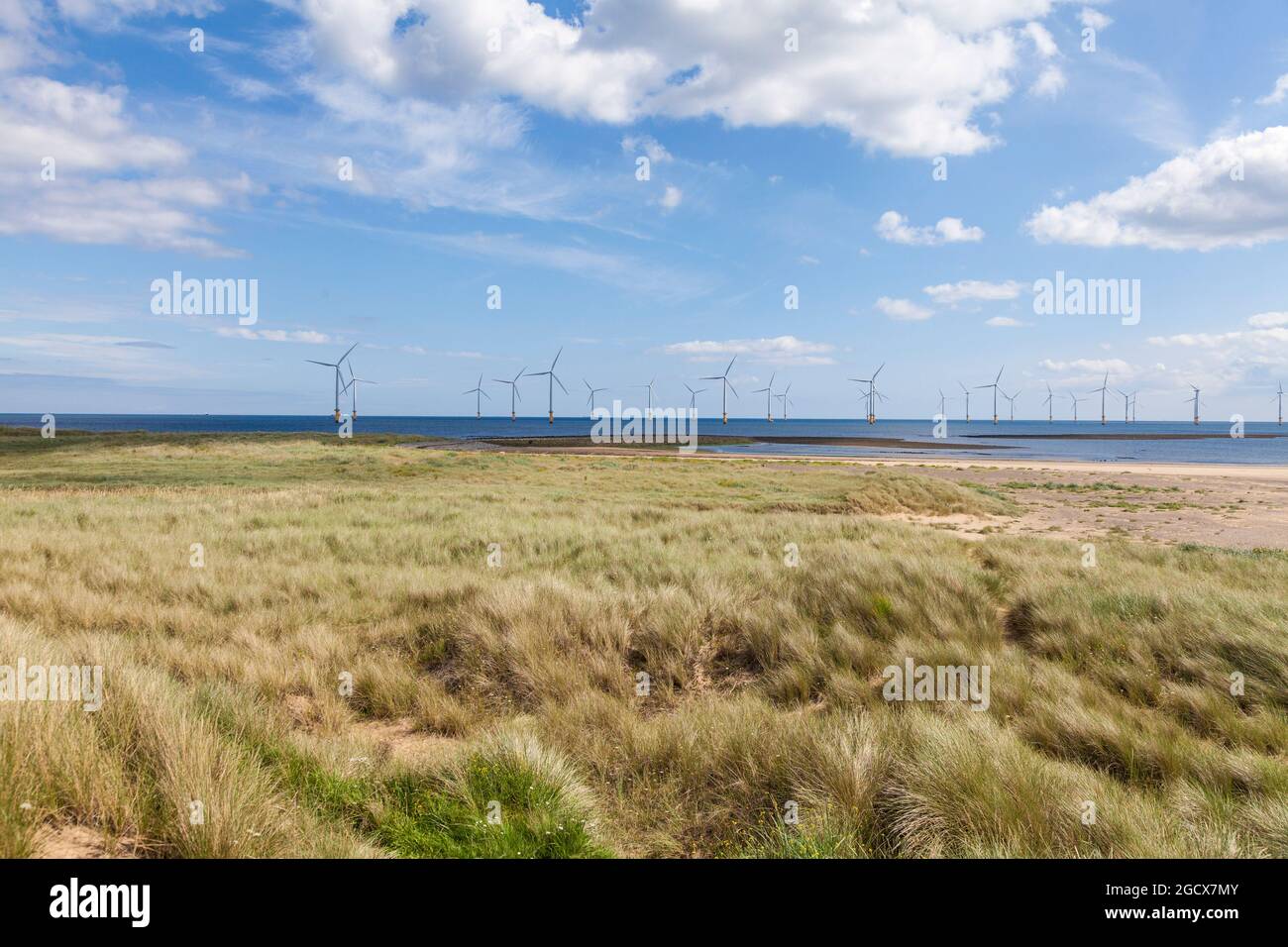 The seafront at South Gare with the offshore wind turbines at Redcar ...