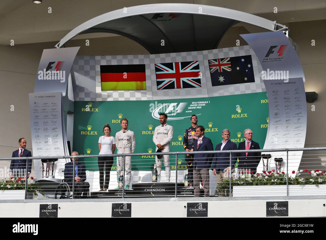 The podium (L to R): Victoria Vowles (GBR) Mercedes AMG F1 Partner ...