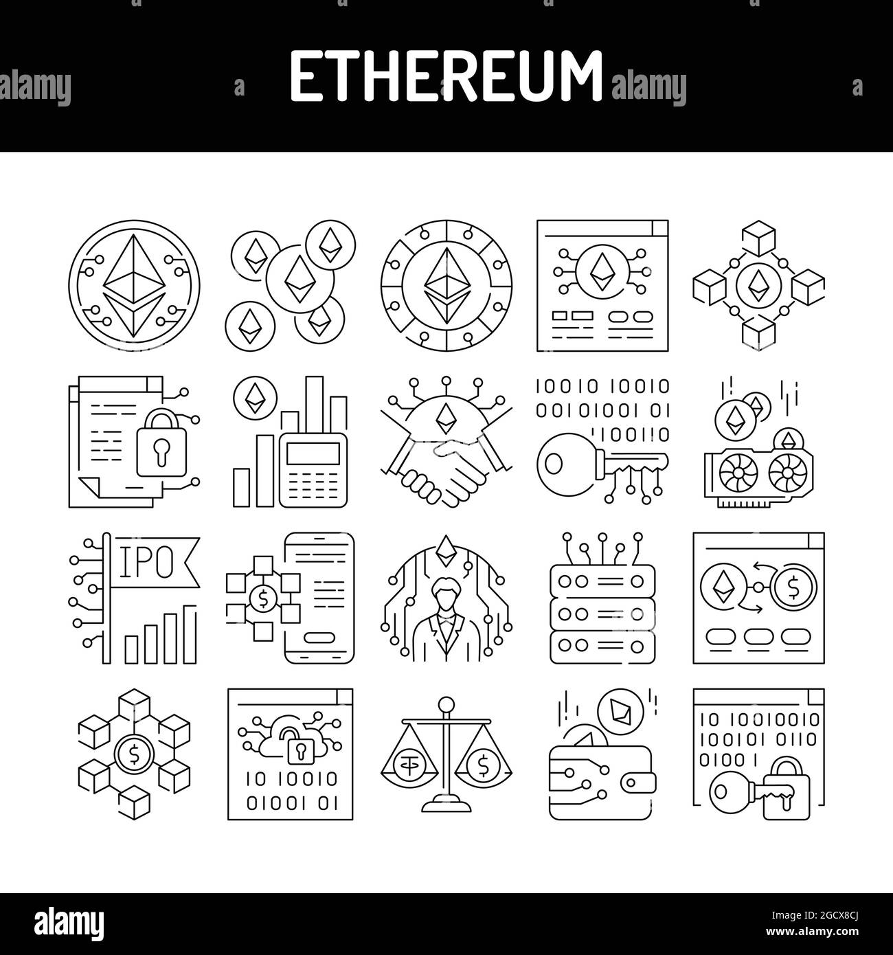 Ethereum line icons set. Isolated vector element. Outline pictograms for web page, mobile app ...