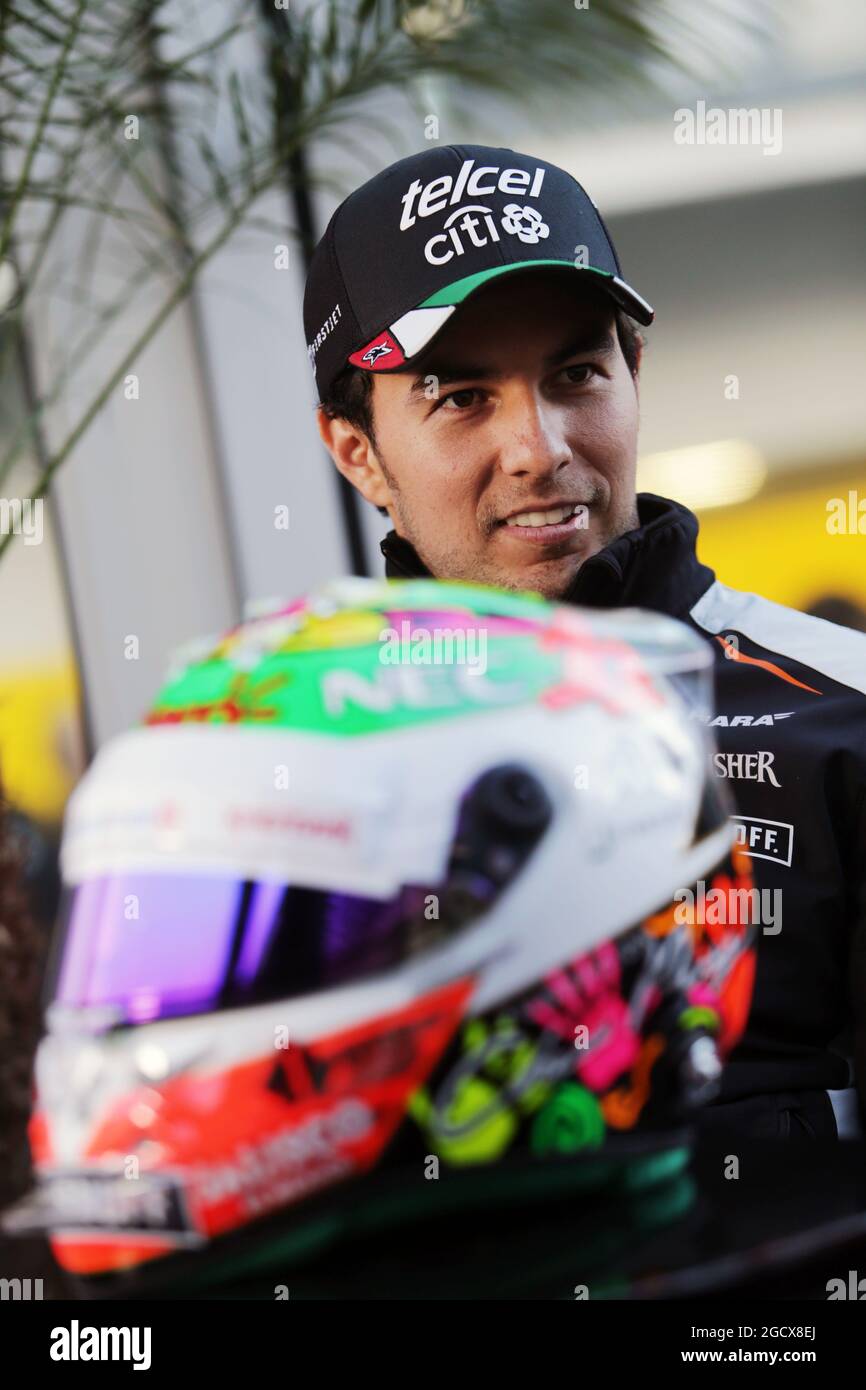 Sergio Perez (MEX) Sahara Force India F1 with his special helmet livery ...
