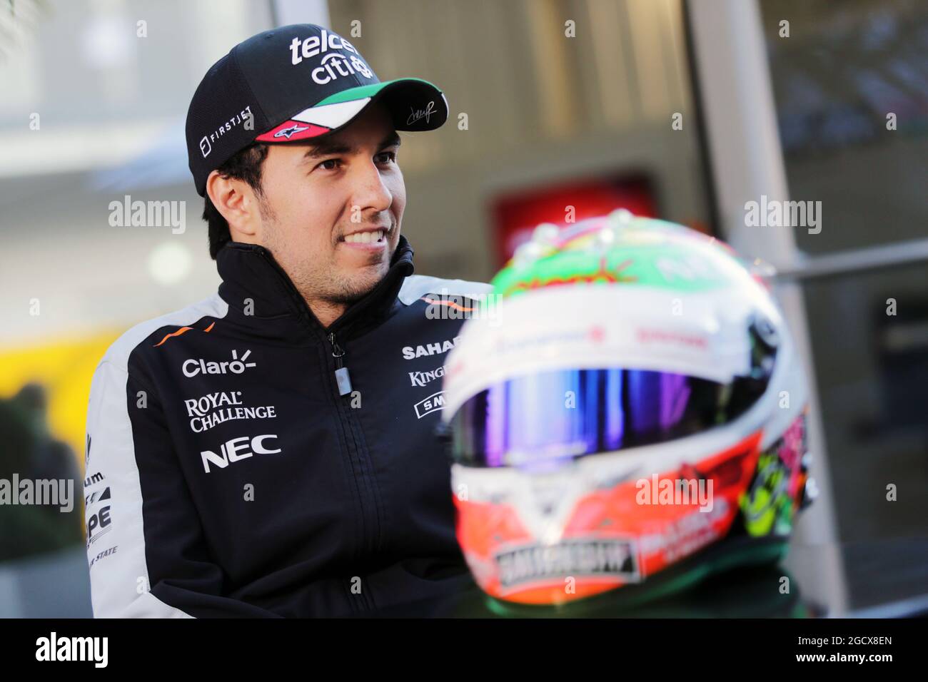 Sergio Perez (MEX) Sahara Force India F1 with his special helmet livery ...