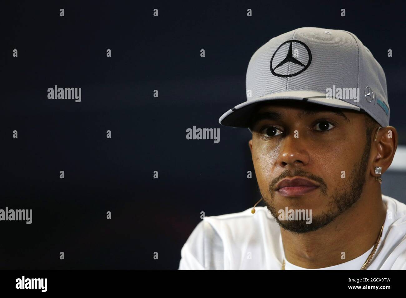 Lewis Hamilton (GBR) Mercedes AMG F1 in the FIA Press Conference ...
