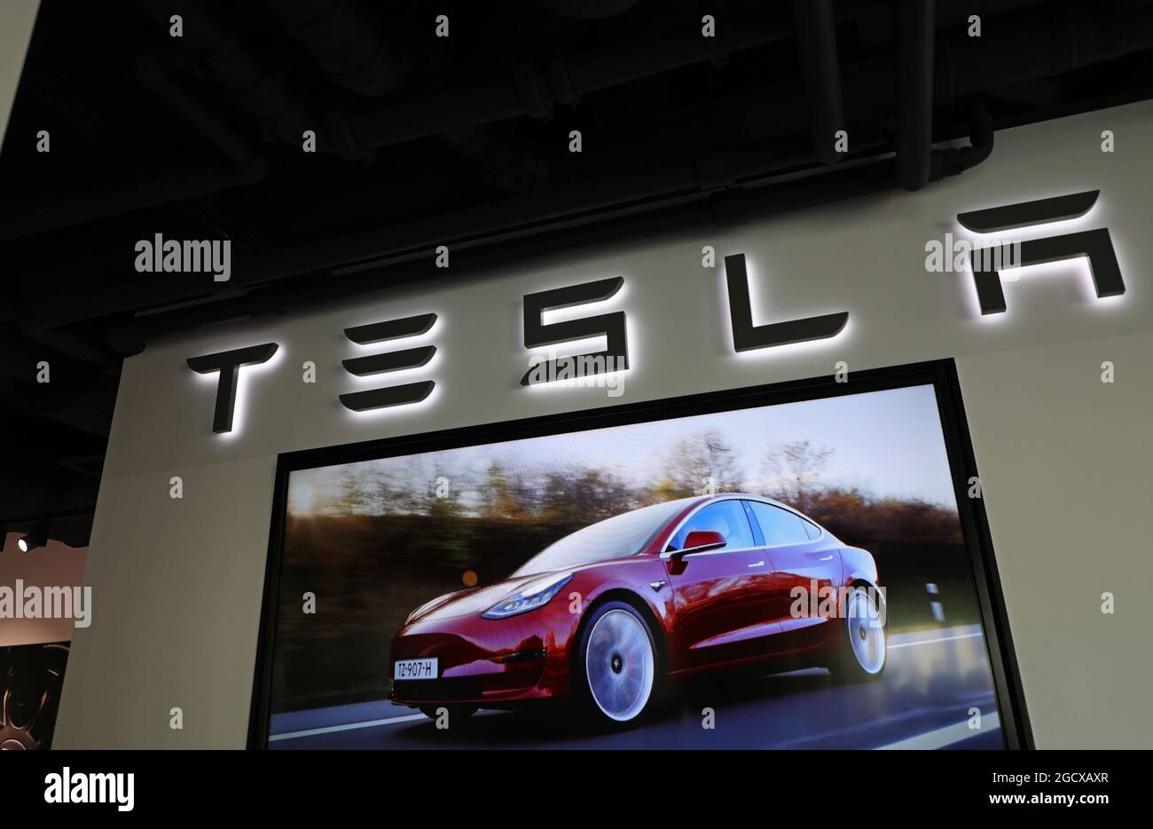 Tesla signs in a Tesla store at Södra Hamngatan in Gothenburg Stock ...