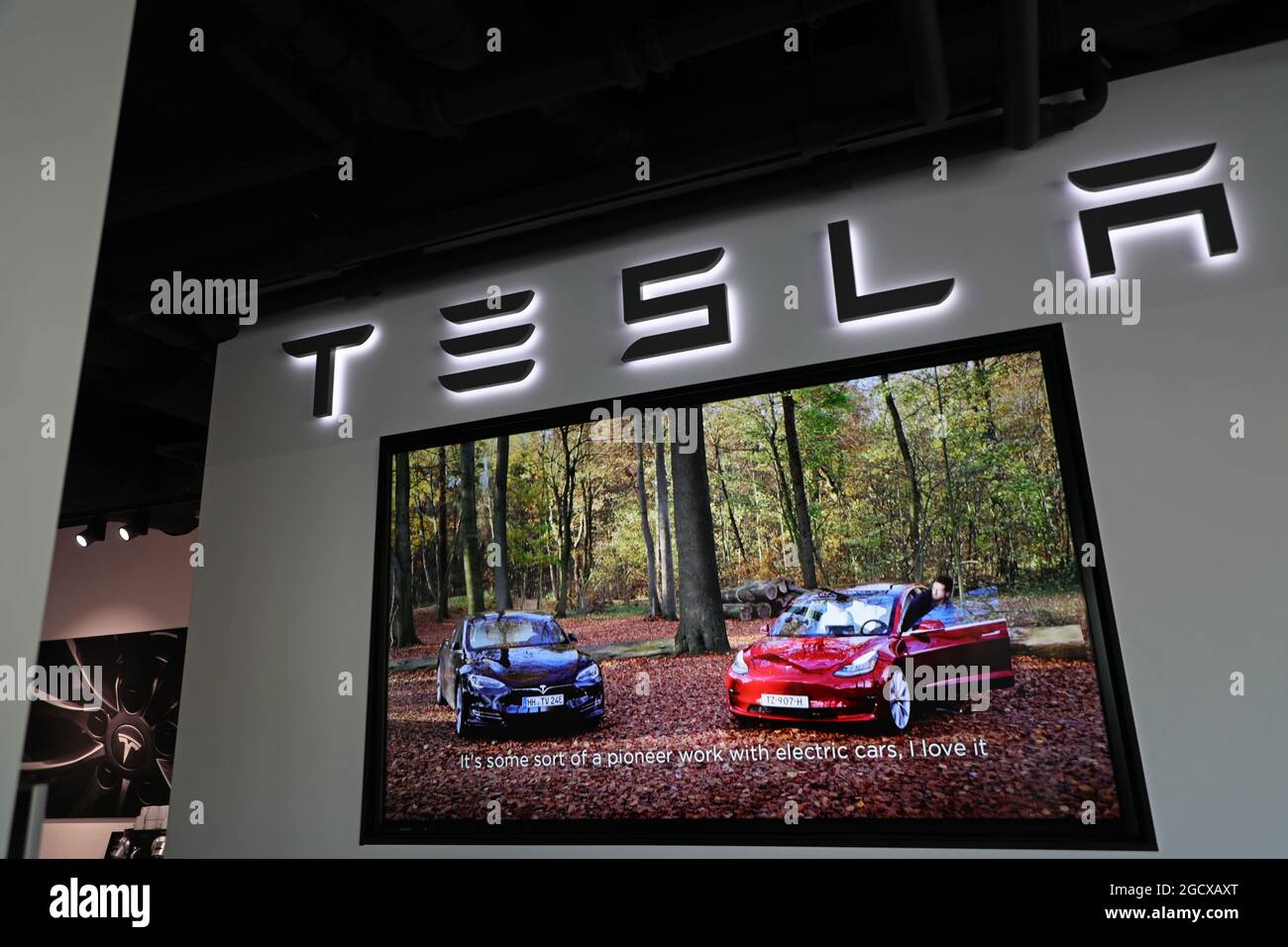 Tesla signs in a Tesla store at Södra Hamngatan in Gothenburg Stock ...