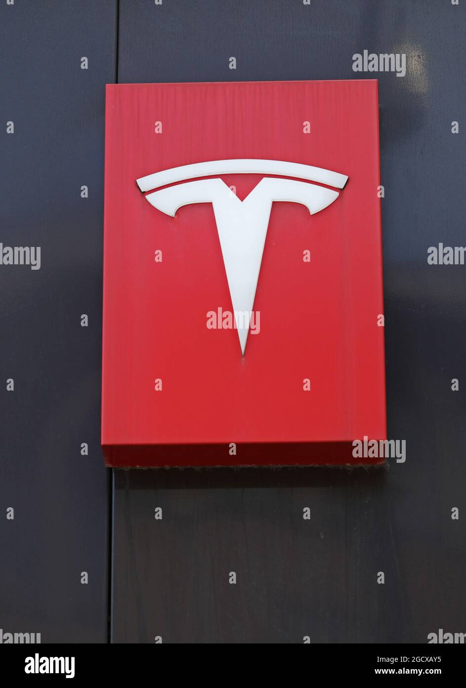 Tesla signs in a Tesla store at Södra Hamngatan in Gothenburg Stock ...