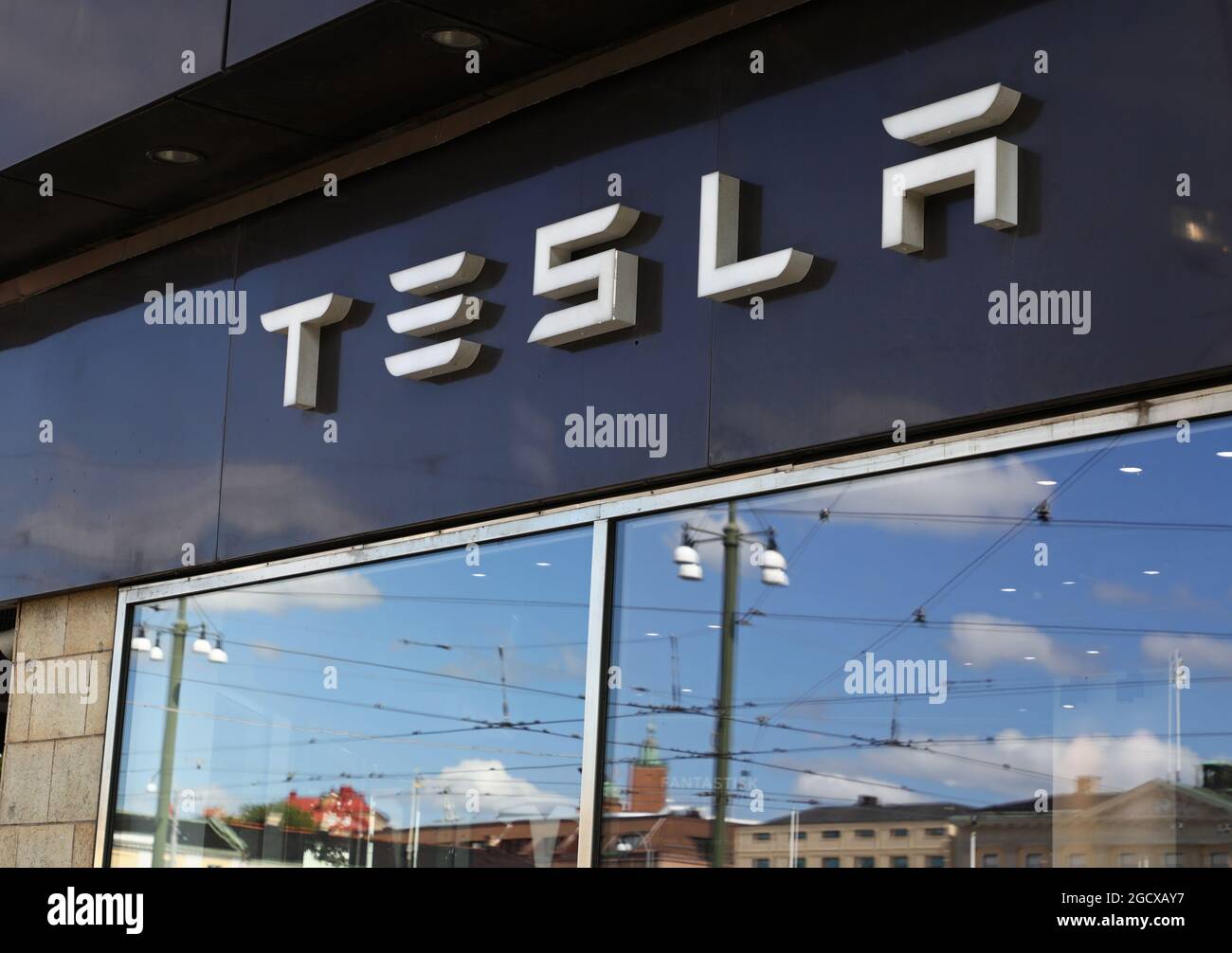 Tesla signs in a Tesla store at Södra Hamngatan in Gothenburg Stock ...