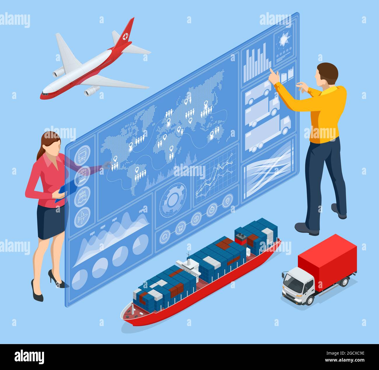 Isometric Global logistics network concept. Interactive panel for tracking cargo online ...