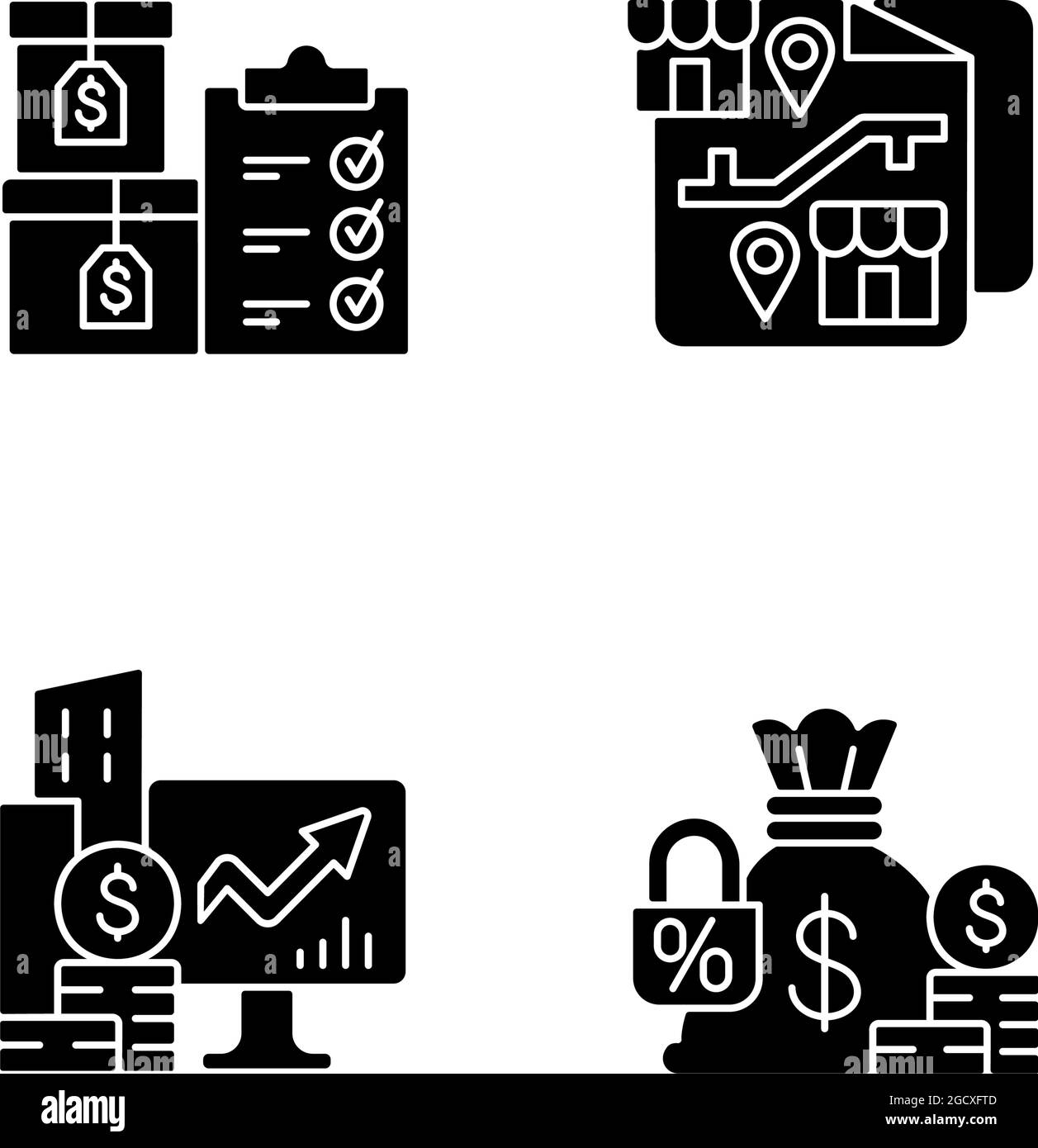 Company stocks and franchising black glyph icons set on white space ...