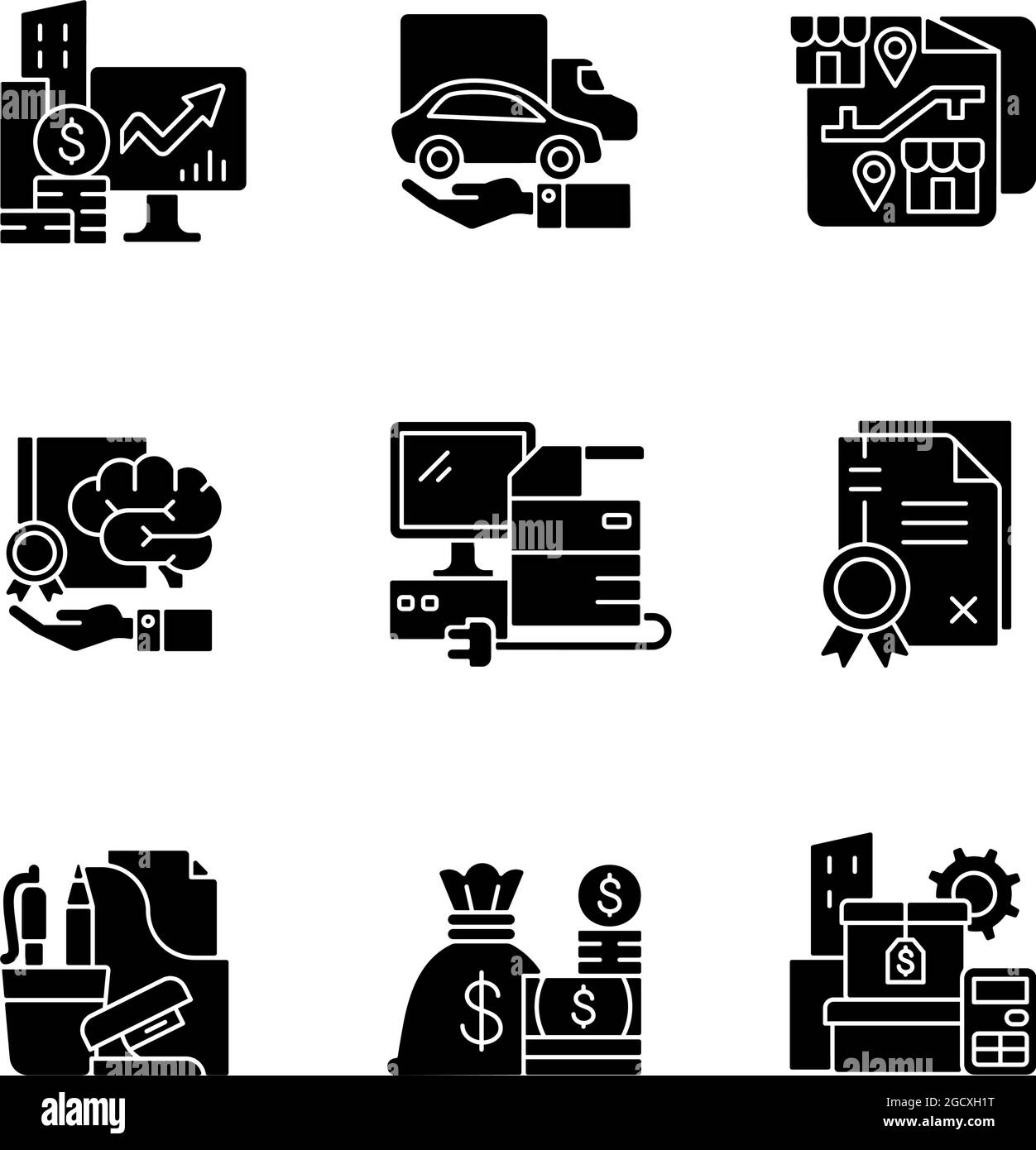 Office supplies and technical equipment black glyph icons set on white ...