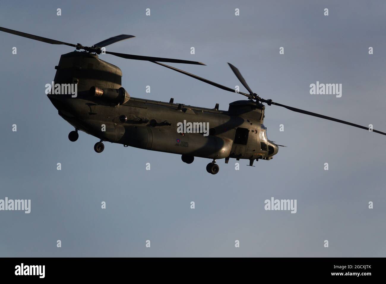 RAF Chinook tandem-rotor CH-47 helicopter flying fast and low, banking ...