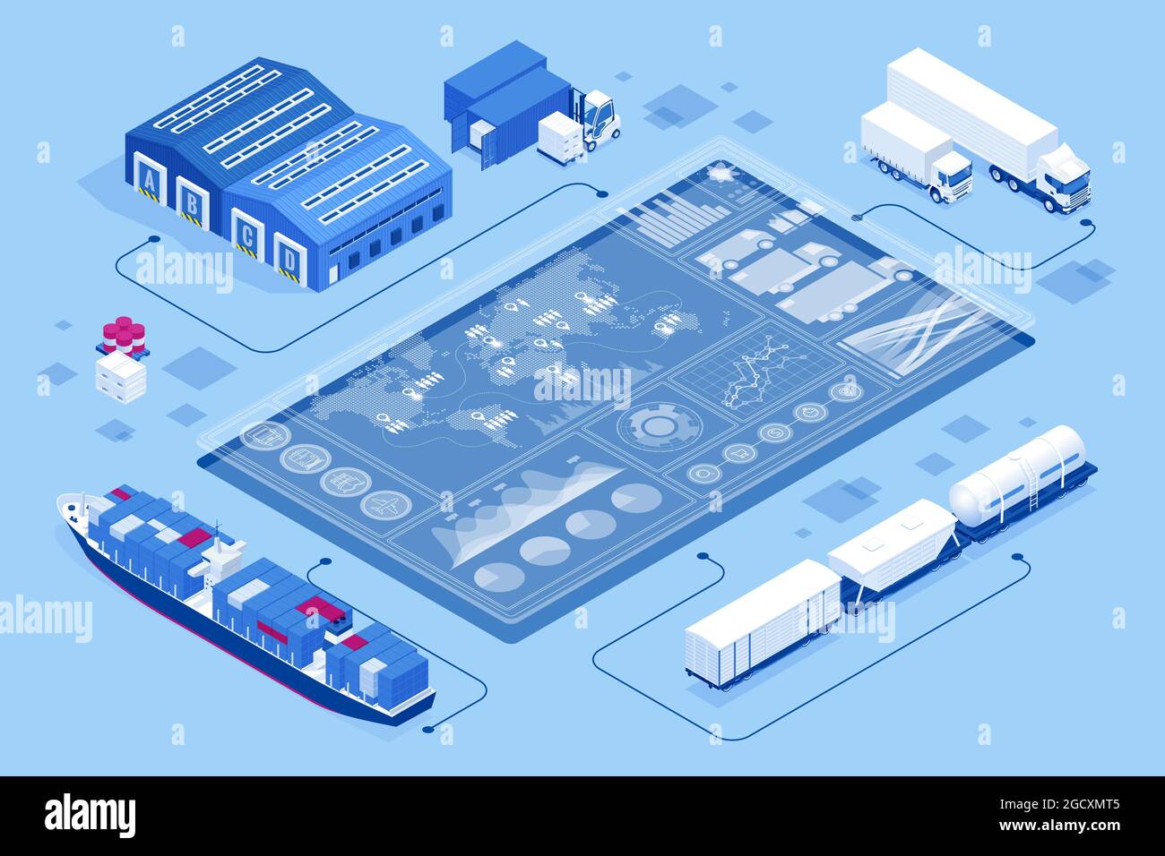 Isometric Global logistics network concept. Interactive panel for ...