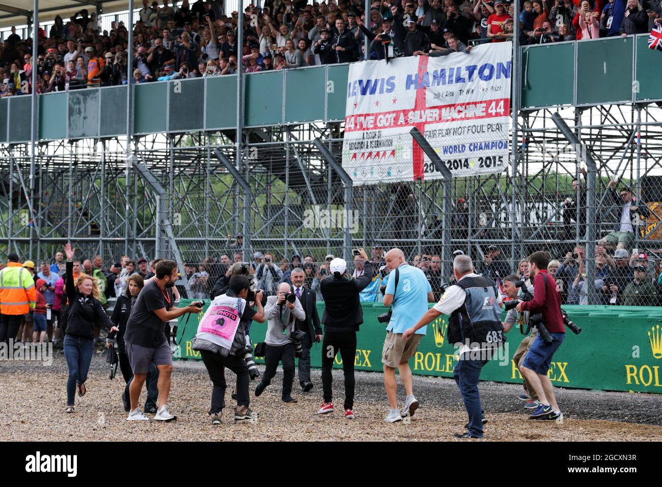 Lewis Hamilton (GBR) Mercedes AMG F1 greets the fans in the grandstand ...