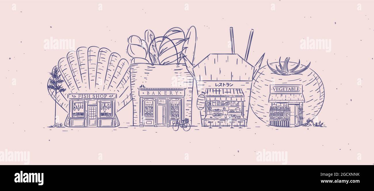 Set of storefronts fish shop, bakery, asian food, bakery drawing with ...
