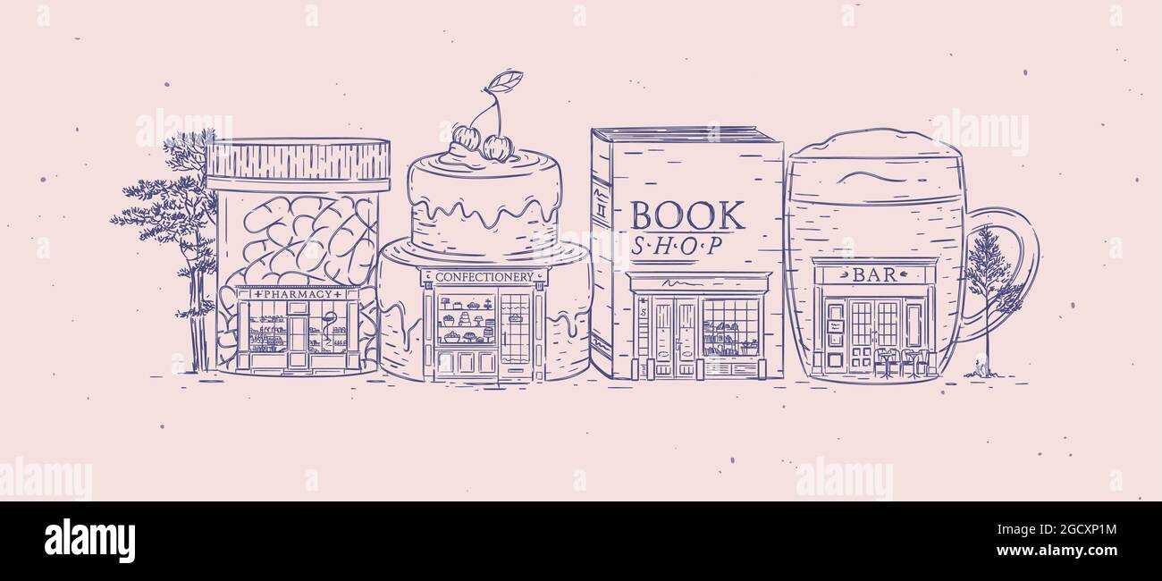 Set of storefronts pharmacy, confectionery, book shop, bar drawing with ...