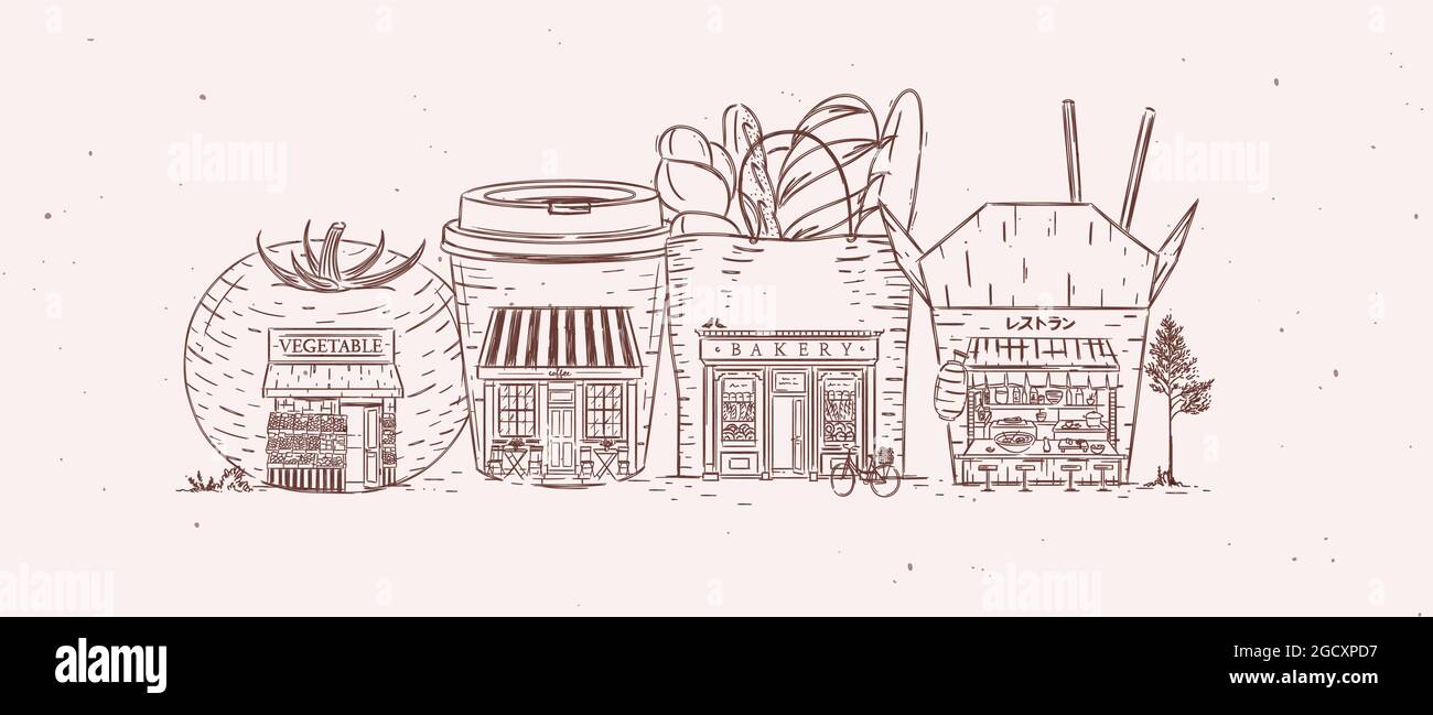 Set of storefronts grocery, cafe, bakery, asian food drawing with brown ...