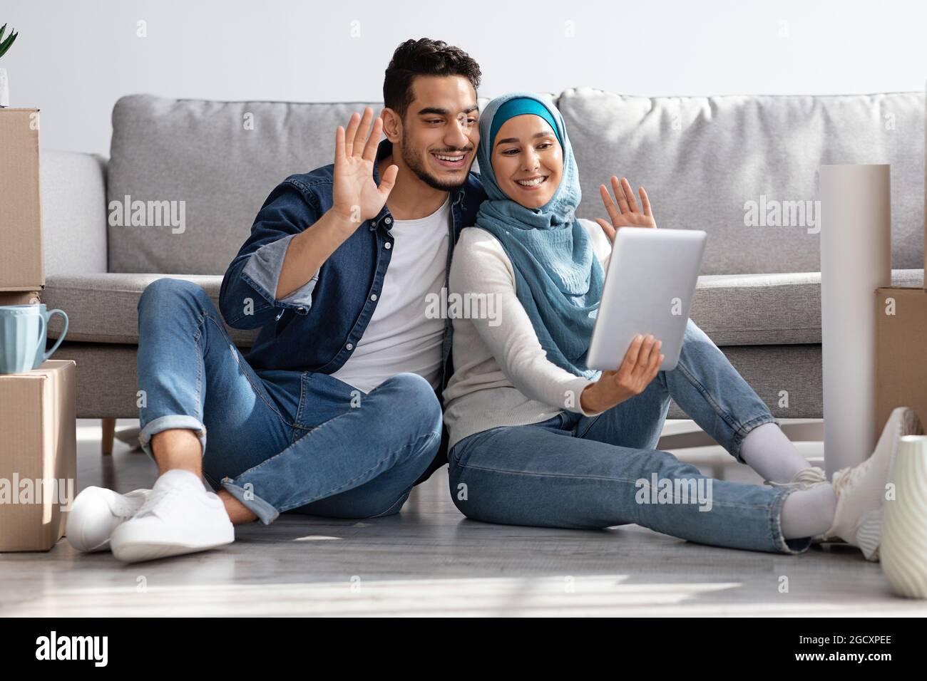 Happy middle-eastern family having online party with friends Stock ...