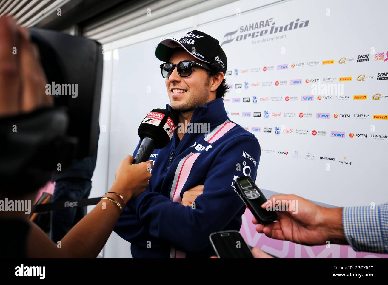 Sergio Perez (MEX) Sahara Force India F1 with the media. Belgian Grand ...