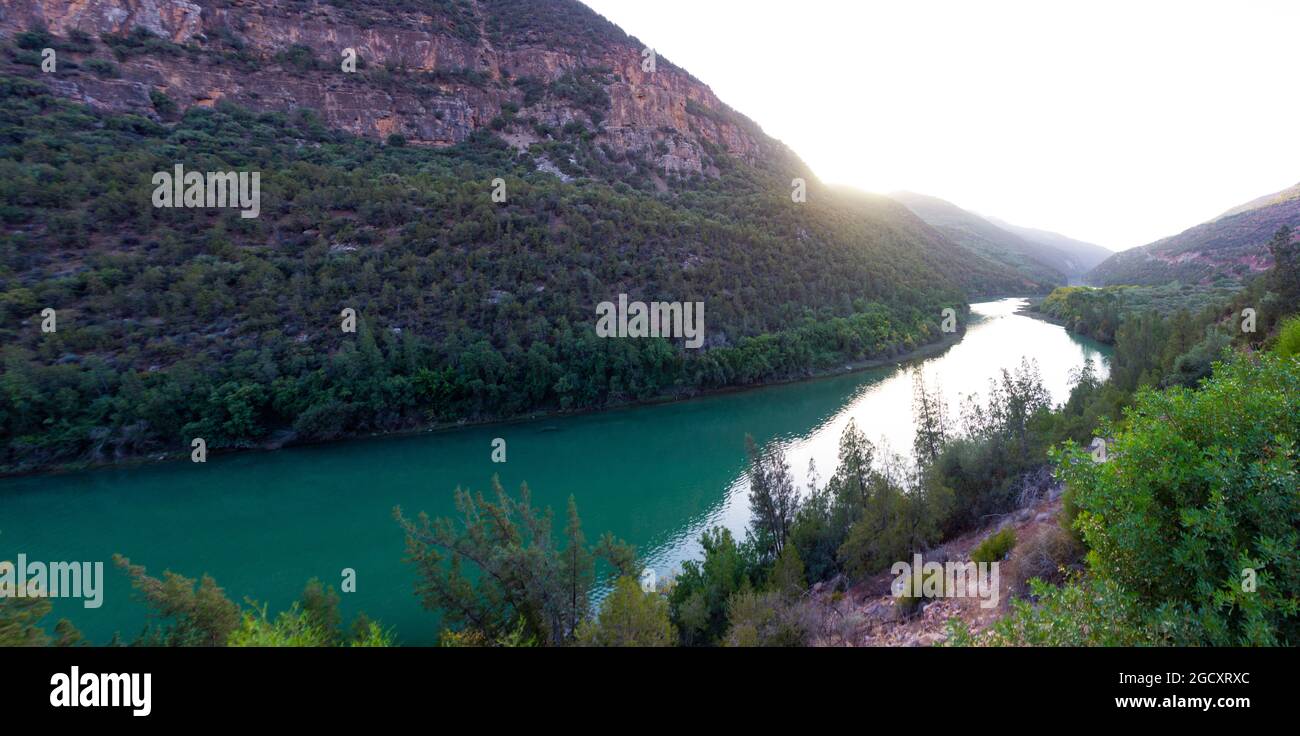 Panoramic View of Ben El-Ouidane Valley With Forest At Sunset, Calm And ...