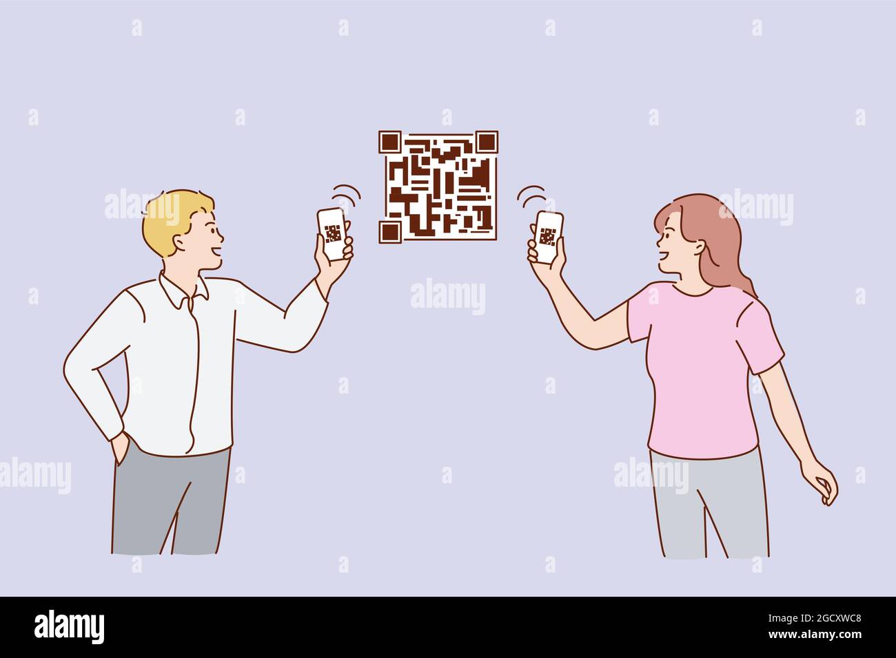 Scanning QR codes with phone concept. Young couple man and woman ...
