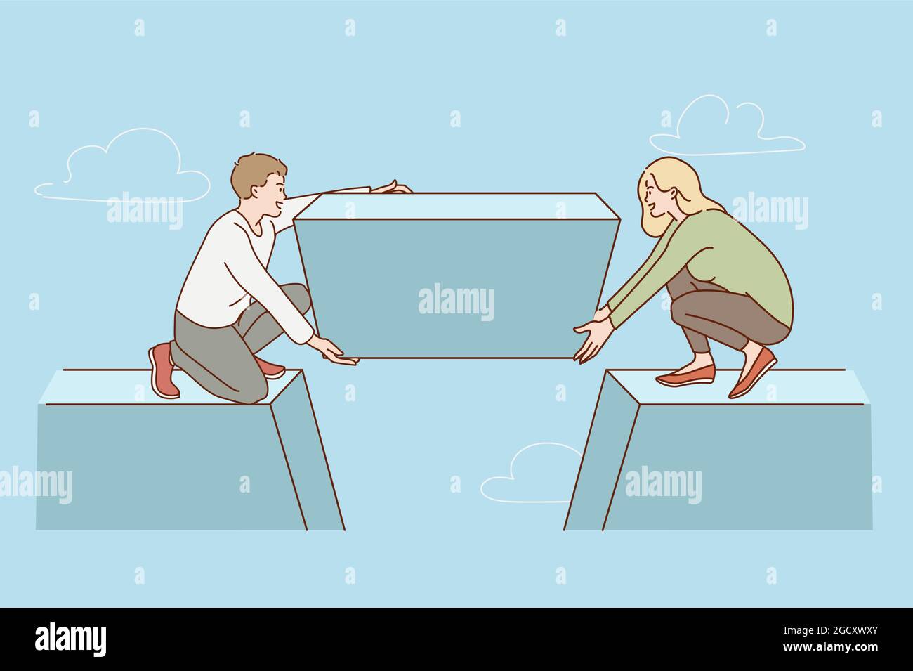 Teamwork and uniting efforts concept. Young man and woman partners ...