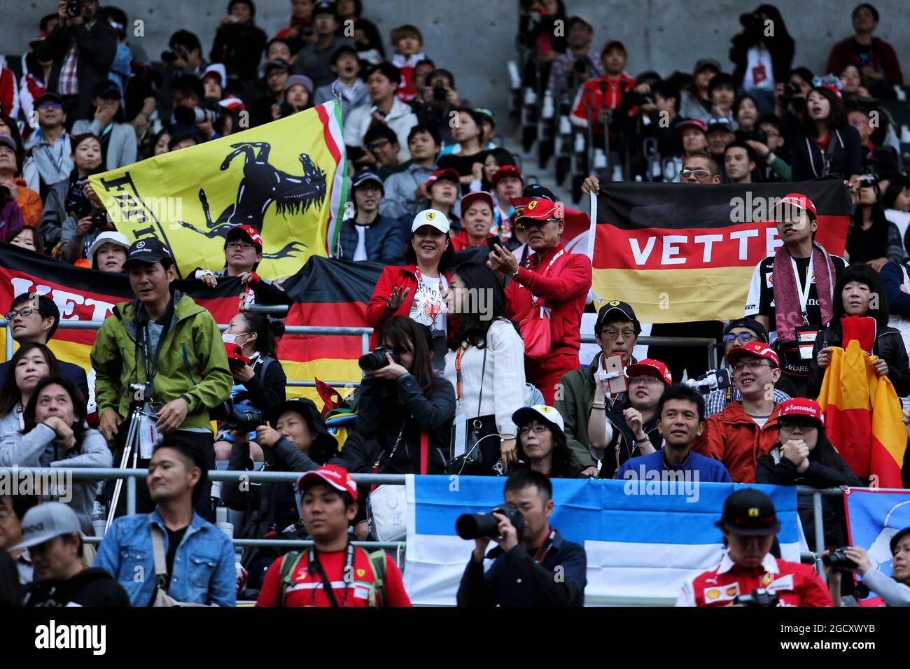 Sebastian Vettel (GER) Ferrari fans in the grandstand. Japanese Grand ...