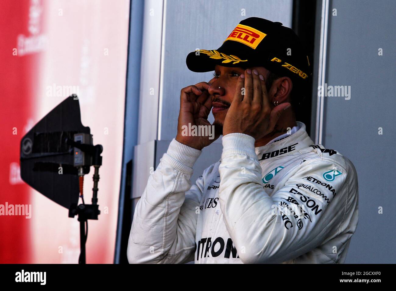 Race winner Lewis Hamilton (GBR) Mercedes AMG F1 on the podium ...