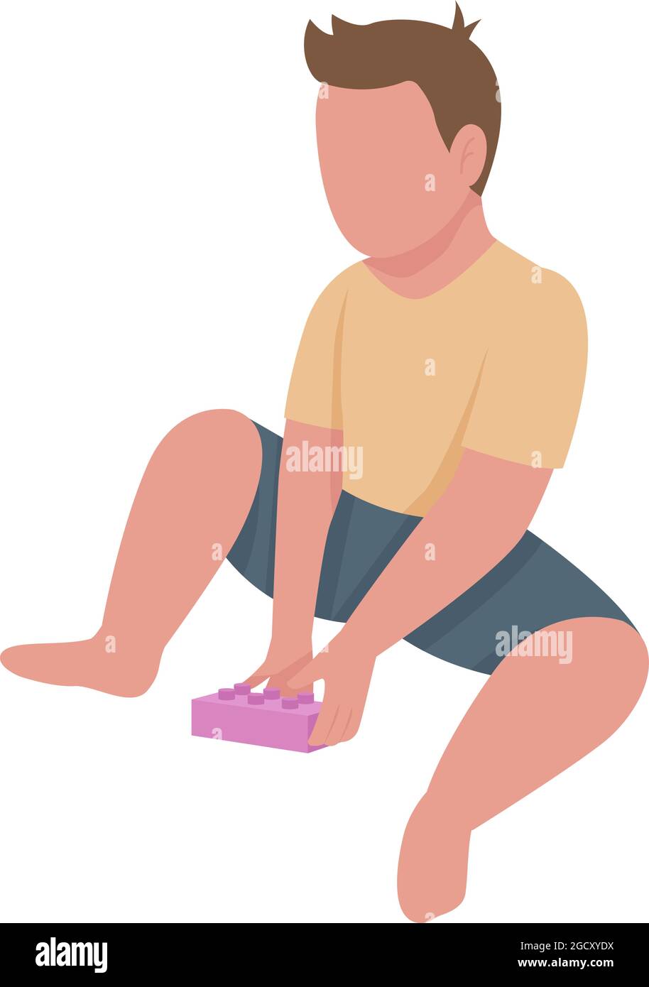 Little boy plays with plastic brick semi flat color vector character ...