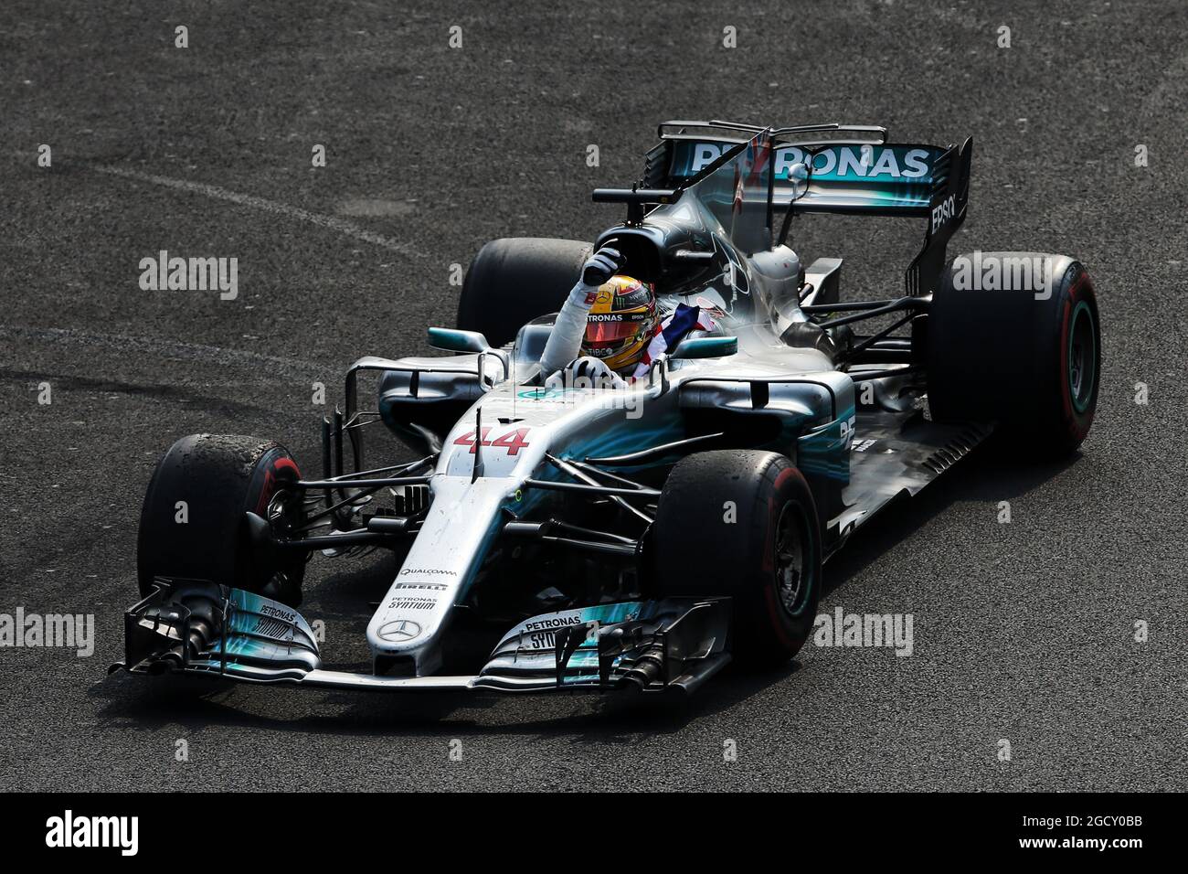 Lewis Hamilton (GBR) Mercedes AMG F1 W08 celebrates winning the World ...