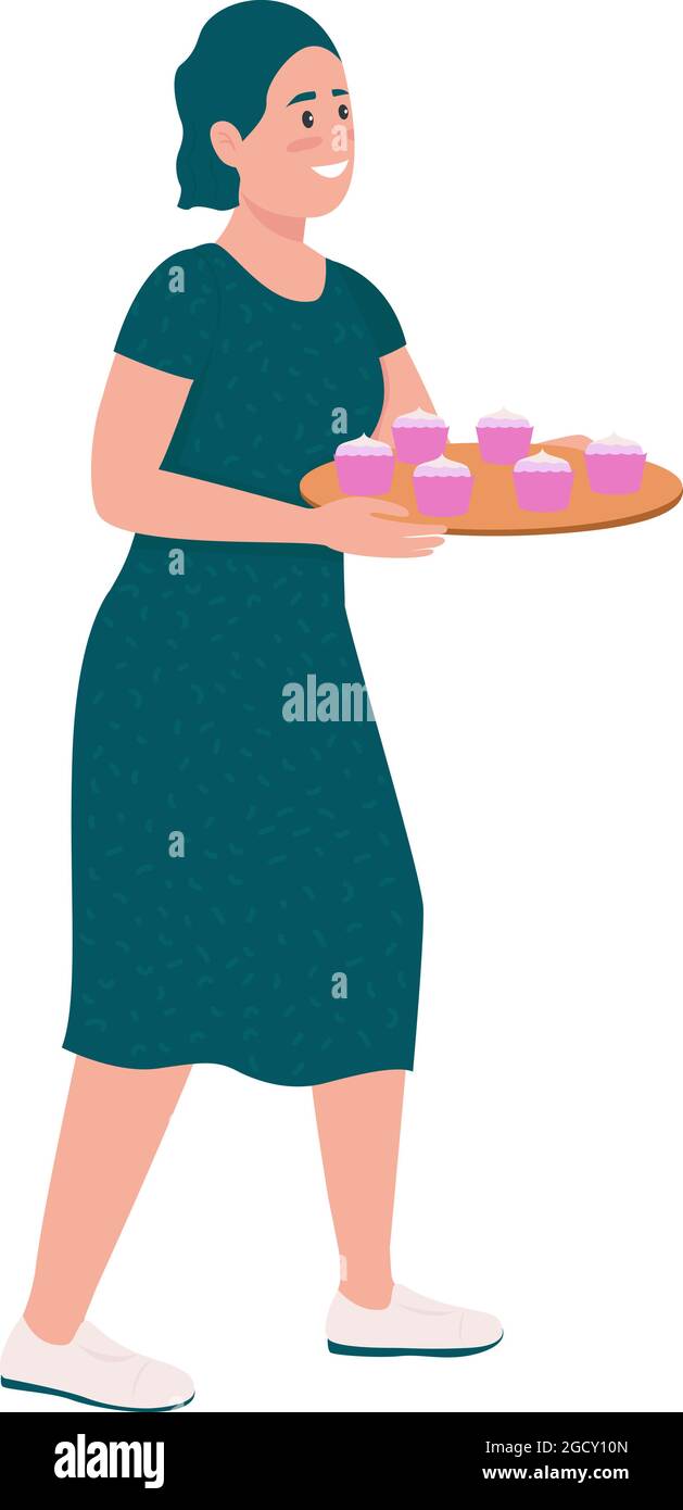 Happy woman with pink cupcakes semi flat color vector character Stock ...