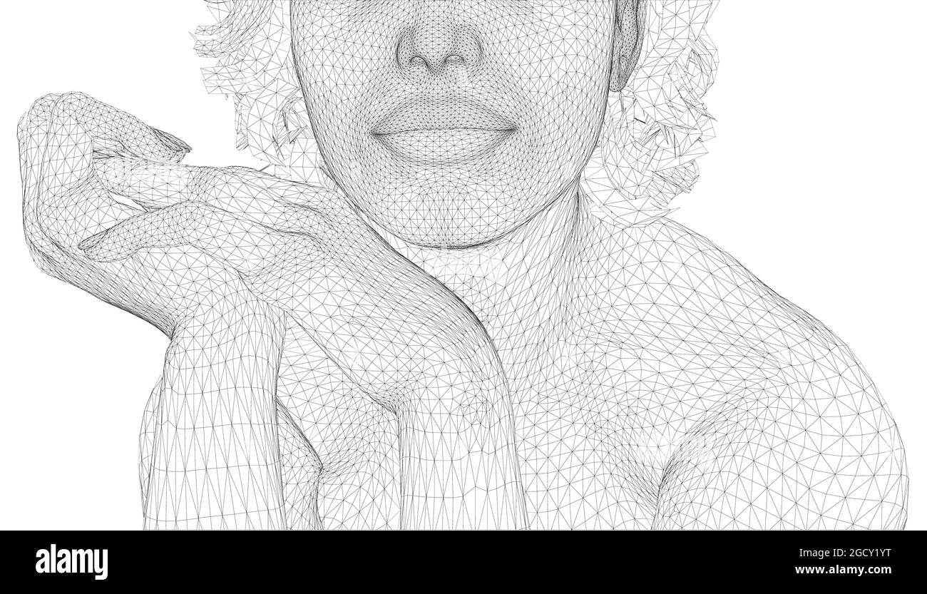 Wireframe of girl face half hidden isolated on white background. 3D ...