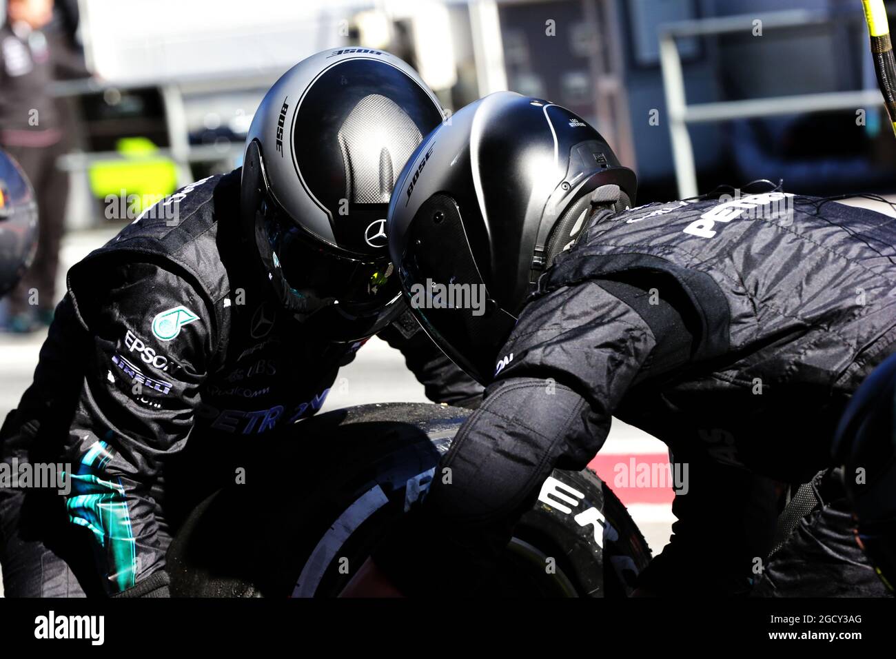 Mercedes AMG F1 mechanics practice a pit stop. Formula One Testing, Day ...