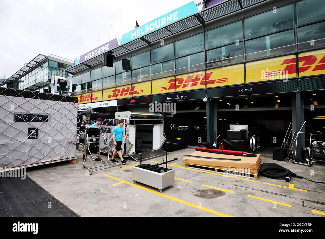Mercedes AMG F1 pit garages. Australian Grand Prix, Wednesday 21st ...