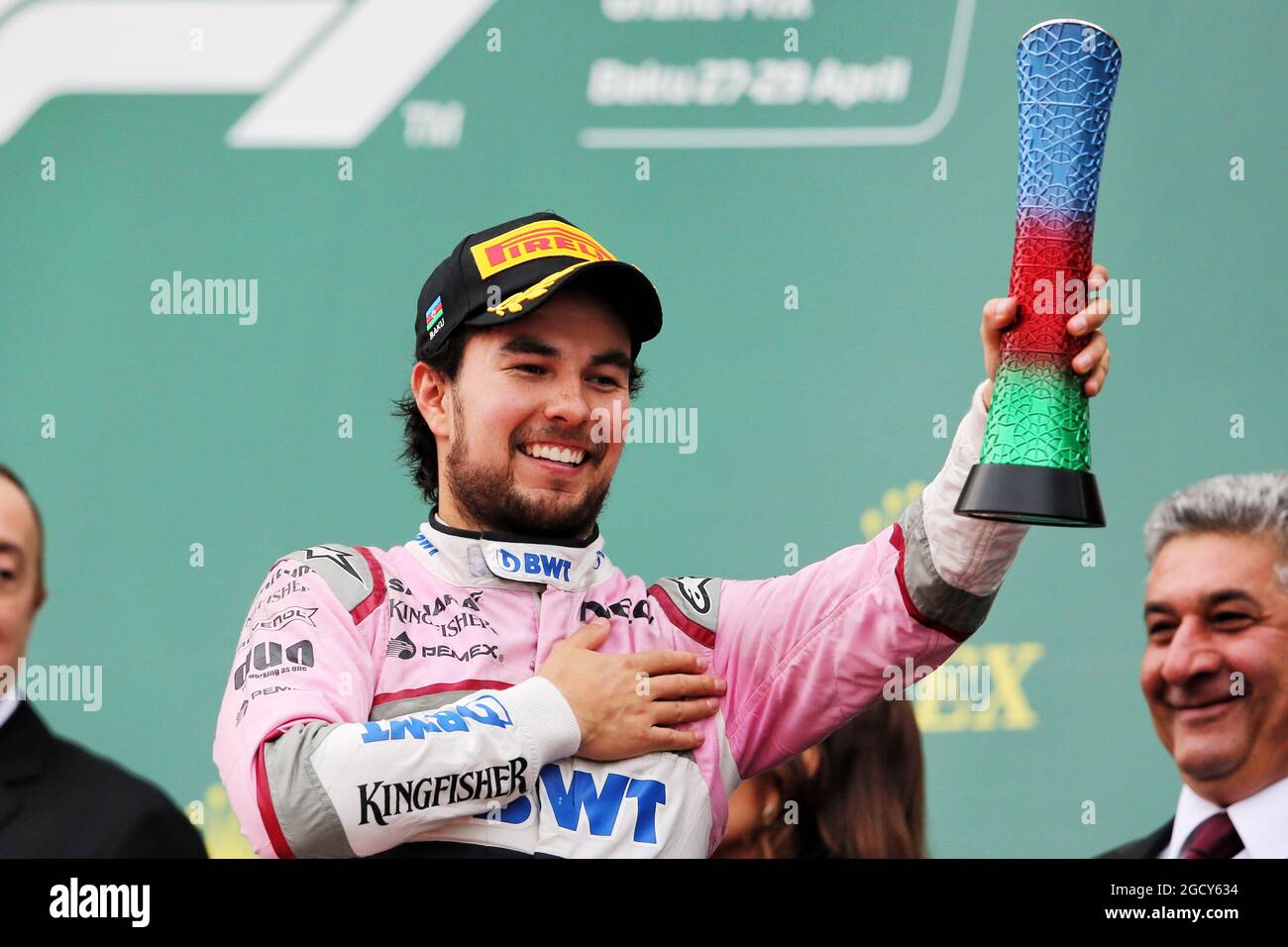 Sergio Perez (MEX) Sahara Force India F1 celebrates his third position ...