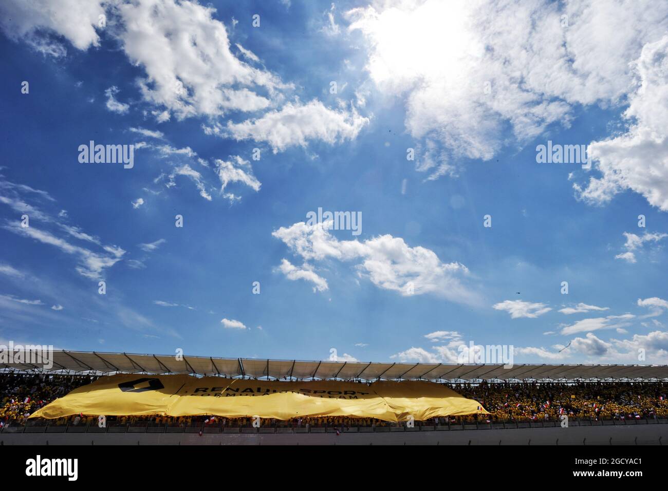 Renault fans in the grandstand and large banners for the Renault Sport ...