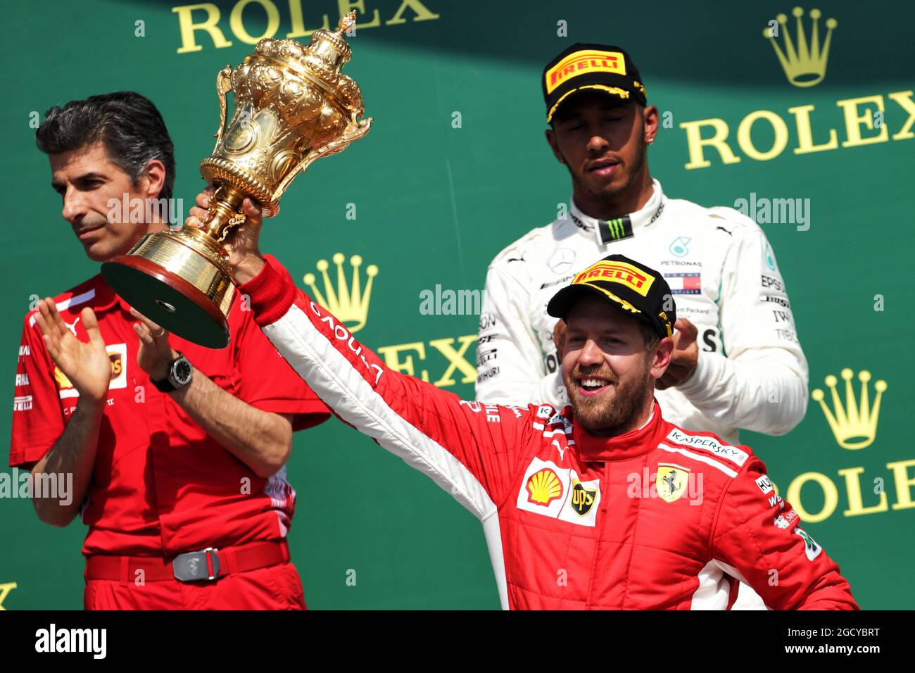 Ferrari celebrates on podium second placed lewis hamilton hi-res stock ...