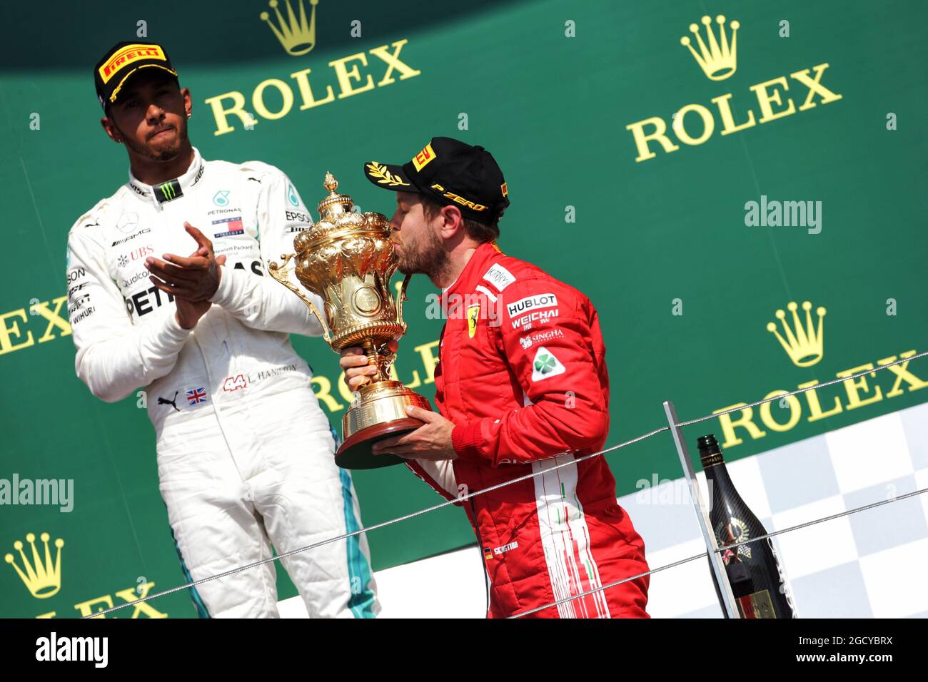Ferrari celebrates on podium second placed lewis hamilton hi-res stock ...