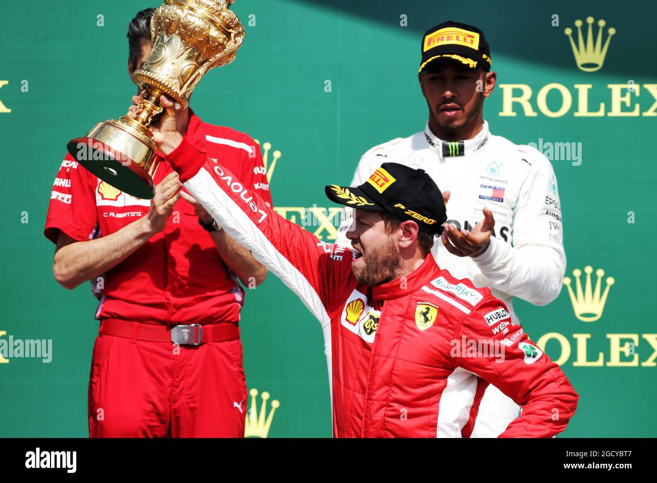 Ferrari celebrates on podium second placed lewis hamilton hi-res stock ...